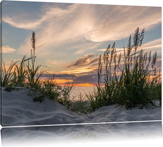 Pixxprint Gras am Strand bei Sonnenuntergang, Größe: 100x70cm, Leinwandbild, fertig gespannt, Wandbild, Dekoration, Kunstdruck, kein Poster