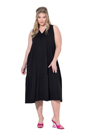 Miamoda Damen gro&szlig;e Gr&ouml;&szlig;en &Uuml;bergr&ouml;&szlig;en Plus Size Midikleid, A-Linie, Cupromix-Jersey, Saumvolant schwarz 52 841755100-52