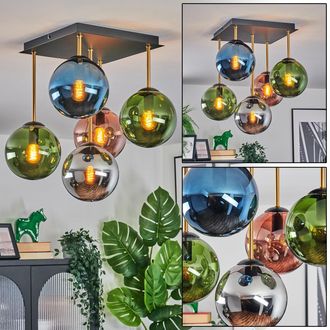 HOFSTEIN Deckenleuchte Gastor, 5-flammige Deckenlampe aus Metall/Glas in Schwarz/Gold/Blau/Grün/Kupfer/Chrom/Rauch, Leuchte im Retro/Vintage-Design (Schirme 15