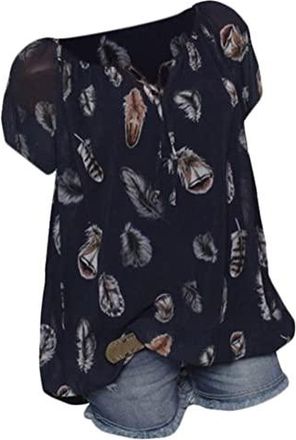 ORANDESIGNE T-Shirt Femme Grande Taille Tee Shirt Ete Chic Lâche Fleur Imprime Manche Courtes Col V Sexy Top Blouse Casual Haut Tunique Chemise D Bleu Foncé XXL