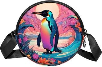 Generic Sac &agrave; bandouli&egrave;re rond pour femme, motif pingouin &agrave; dessin color&eacute;, petit sac &agrave; dos &agrave; bandouli&egrave;re avec fermeture &eacute;clair, bretelles r&eacute;glables, sac &agrave; mai