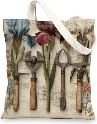 Generic Sac fourre-tout vintage en toile pour outils de jardin floraux, impression botanique artistique, sacs de courses réutilisables, légers et lavables Eco