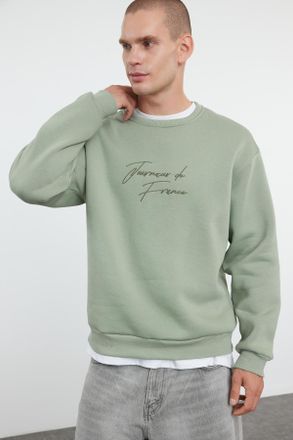Trendyol MAN Herren Gr&uuml;n Slogan Lang Oversize Sweatshirts
