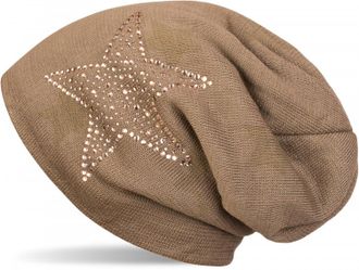 styleBREAKER warme Feinstrick Beanie Mütze mit All Over Stern Muster, Strass Stern und sehr weichem Fleece Innenfutter, Unisex 04024084, Farbe:Braun