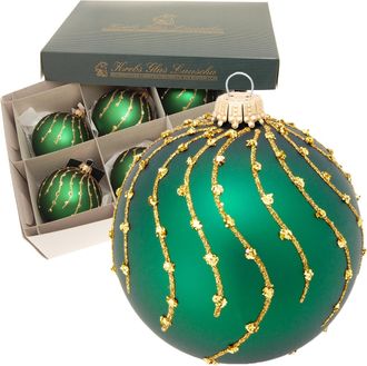 Krebs Glas Lauscha Weihnachtsdekoration/Christbaumschmuck aus Glas - Glaskugel mit Goldstreifen beflockt - Farbe: Tannengr&uuml;n matt - Menge: 6 St&uuml;ck - Gr&ouml;&szlig;e: ca. 8 cm