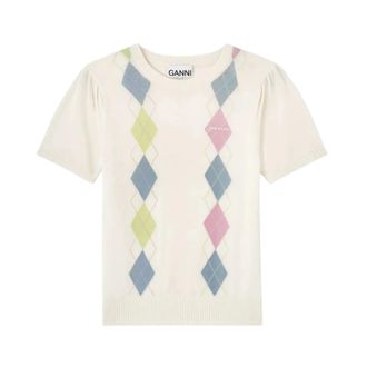 Ganni Femme, Pulls, Multicolore, Taille: 38 FR T-shirt Argyle en Coton L&eacute;ger