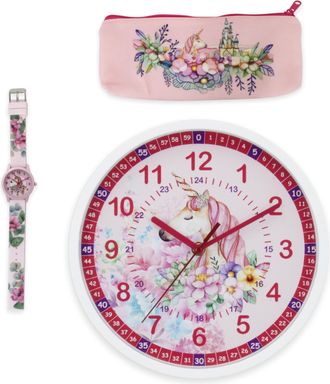 Wall-Art Einhorn Wanduhr f&uuml;r M&auml;dchen Rosa Kinderwanduhr 3-Teiliges Geschenke Set mit Armbanduhr und M&auml;ppchen