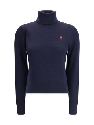 Ami Womens Ami De Coeur Turtleneck Sweater Marine-Rouge Merino Wool Marine/rouge