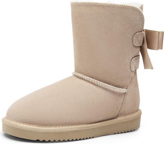 Dream Pairs Damen Winter Schneestiefel FuzzyChic Schleife Echtes Wildleder Kunstfellfutter Memory-Schaum Warme Winter Kurzstiefel f&uuml;r drinnen und drau&szlig;en,Size 40.