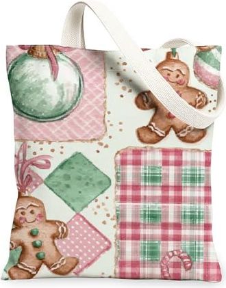 Generic Sacs fourre-tout en toile de pain d&eacute;pice de No&euml;l, sacs d&eacute;picerie r&eacute;utilisables, l&eacute;gers et lavables avec bandouli&egrave;re, Vert, 13x15 Inch