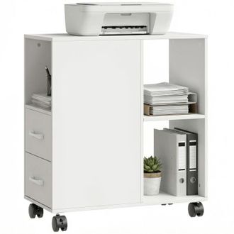 HOMCOM Table dappoint - HOMCOM - roulettes - tiroirs, &eacute;tag&egrave;re r&eacute;glable et compartiment ouvert - panneau de particules - 60x30x65cm - blanc