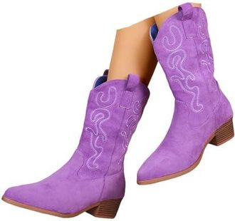 Generic Bottes de cowboy pour femme, coupe large, bottes de cowboy en daim brodé, bottes de cowgirl confortables à talon épais brodé, bottes occidentales rétr