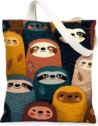 Generic Sac fourre-tout en toile motif paresseux mignon, adorable motif animal, sacs d&eacute;picerie r&eacute;utilisables, amusants, l&eacute;gers, lavables, multicolore, 13x15 I