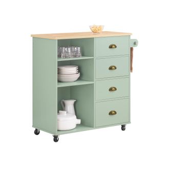 SoBuy K&uuml;chenwagen mit 3 F&auml;chern und 4 Schubladen K&uuml;cheninsel Servierwagen Beistellwagen Rollwagen Gr&uuml;n BHT ca. 90x88x40cm FKW127-GR
