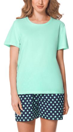 Merry Style Damen Schlafanzug Zweiteiler Pyjama Kurz aus Baumwolle Pyjama Set MS10-177 (Minze/Dunkelblau, S)
