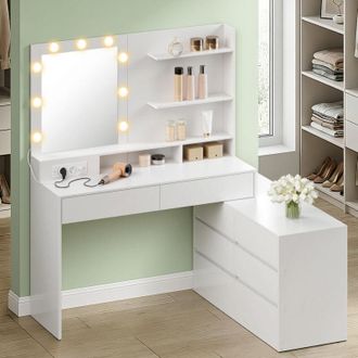 Vasagle Table de Maquillage Modulable, en Ligne ou en L, Miroir LED 9 Ampoules, avec Multiprise, 8 Tiroirs, Blanc