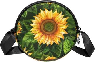 Generic Petit sac &agrave; bandouli&egrave;re rond pour femme, motif tournesol avec fermeture &eacute;clair, bretelles r&eacute;glables, style d&eacute;contract&eacute;, pour femmes et filles
