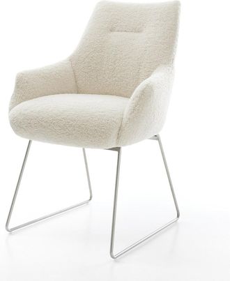 DELIFE Esszimmerstuhl Alja-Flex mit Armlehnen Teddystoff Beige Kufengestell Edelstahl Taschenfederkern, Esszimmerst&uuml;hle