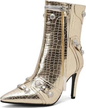 Generic Bottines &agrave; talons aiguilles &agrave; bout pointu avec fermeture &eacute;clair pour femme, dor&eacute;, 38.5 EU