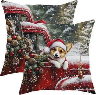 Generic Weihnachts-Corgi-Hund Dekokissenbezug Komfort Zierkissenbezug Luxuri&ouml;se Kissenbez&uuml;ge F&uuml;r Schlafzimmer Bett Heimdekoration 45X45Cm 2Er Set