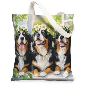 Generic Sac fourre-tout en toile motif chien de montagne bernois printanier 33 x 38,1 cm, sac r&eacute;utilisable &agrave; motif imprim&eacute; de plantes en pot pour femme, anima