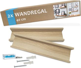 Photolini Wandregal Eiche Massivholz 40 cm, Schweberegal, 2er Set, modernes Design, Bilderleiste für Fotos, Poster & Deko-Objekte zur flexiblen Gestaltung, U-Fo