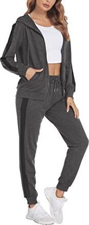 Parabler Survêtement 2 pièces pour femme - En polyester - Pour les loisirs - Veste à capuche et pantalon de sport - Tailles S à XXL, gris foncé, XL