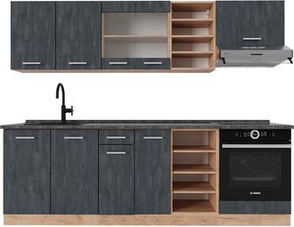 Vicco Küchenzeile R-Line, Schwarz Beton/Goldkraft Eiche, 240 cm AP Anthrazit