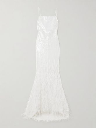 Retrof&ecirc;te Odessa Robe Aus Spitze Mit Pailletten Und Federn - Wei&szlig;