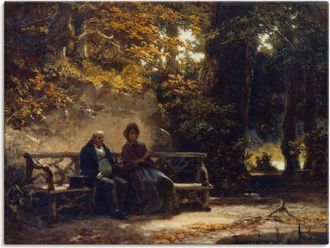 Artland Wanddeko Leinwand Bilder Wandbild 60x45 cm Wald Garten Sitzbank P&auml;rchen Das Paar auf der Bank 1860 Biedermeier Carl Spitzweg T6MI