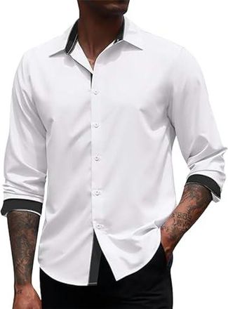 Generic Chemise pour homme &agrave; manches longues et col int&eacute;rieur contrast&eacute;, coupe r&eacute;guli&egrave;re, haut d&eacute;contract&eacute; boutonn&eacute;, Chemises blanches &agrave; manches longues pour 