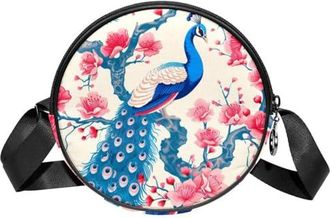Generic Petit sac &agrave; bandouli&egrave;re rond pour femme, motif fleur de paon avec fermeture &eacute;clair, bretelles r&eacute;glables, sac &agrave; main rond d&eacute;contract&eacute; pour femmes et fi