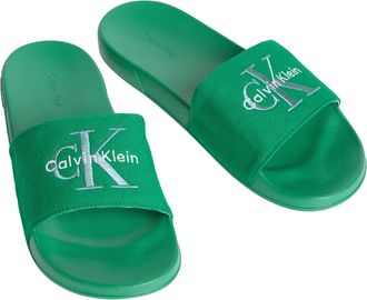 Calvin Klein Jeans Pantolette CALVIN KLEIN JEANS ESS SLIDE CV, Herren, Gr. 41, gr&uuml;n, Textil, bestickt, unifarben, Schuhe Pantolette, Badeschuh, Flat, Poolslides mit Logo
