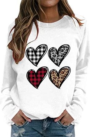 Generic 2026 Saint Valentin Femmes Sweat-shirt Col Rond Quatre Coeurs Imprim&eacute;s Manches Longues Casual Sweat-Tops, blanc, M
