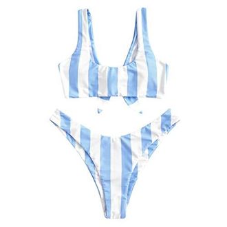 Generic Riou Ensemble de bikini pour femme avec 2 bandes de taille haute, sexy, &agrave; rayures imprim&eacute;es, maillot de bain avec col montant et fleurs, culotte trian