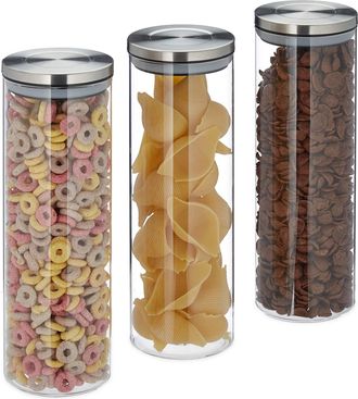 Relaxdays Vorratsglas 3er Set, luftdicht, Edelstahl Deckel, für Pasta, Müsli & Reis, 1,6 l Küchenbehälter, transparent