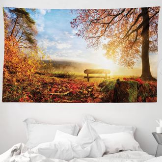 Abakuhaus Wald Wandteppich und Tagesdecke, Herbst Wald Bank, aus Weiches Mikrofaser Stoff Schmutz abweichender Digitaldruck, 230 x 140 cm,Orange Rot Blau