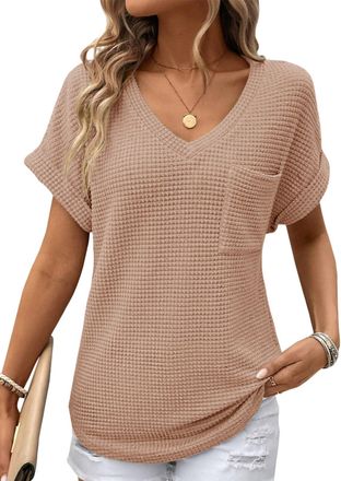 Dokotoo T-Shirts Damen Sommer Oberteile Kurzarm Waffel Strick Tops V-Ausschnitt Kurze &Auml;rmel Pullover Bluse Oberteil Locker L&auml;ssig Basic Einfarbig Tunika Bluse