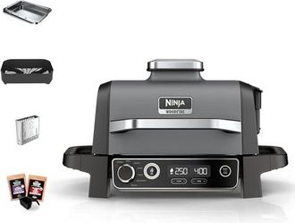 Ninja Woodfire Elektrogrill, Camping-Grill mit Smoker-& Heißluftfritteuse, 7-in-1-Outdoor Grill, räuchern, braten, backen, wetterfest, antihaftbeschichtet, 