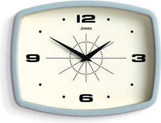 Jones Clocks Movie wanduhr | Retro rechteckige Uhr | 25 cm | Hellblau | Cooler Designer-Look im mid-Century-Stil für küche, Wohnzimmer oder büro