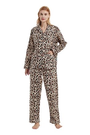 Global Schlafanz&uuml;ge Damen Flanell | Baumwolle Damen Pyjama Set | Zweiteiliger Nachtw&auml;sche Damen Pjs Set Lang | Knopfleiste vorne und Kordelzug | Brauner Leop