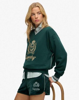 Superdry Country Club - Sweat ample &agrave; col V - Vert sapin fonc&eacute;