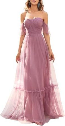 Ever-pretty Robe Ceremonie Femme Soirée Longue Tulle Épaules Dénudées A Line à Volants Plissé Bustier Chic Orchidée 42
