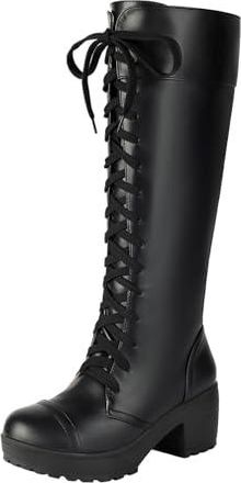 Generic Bottes Hautes pour Femme Elegant Cuir &agrave; Lacets Talon Bloc Bout Rond Plateforme Fermeture &Eacute;clair Lat&eacute;rale Semelle Antid&eacute;rapante Style Britannique Botte