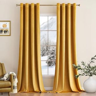 Miulee Rideaux Velours Jaune 140x175 CM Lot de 2, Super Doux Semi-occultant Rideaux &agrave; Oeillets, Rideau Thermique Isolant Anti Chaleur Velours pour Chambre D&eacute;