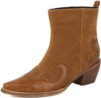 Generic Bottines classiques brodées à bout carré pour femme - Talon bas - Chaussures de cowboy occidentales, marron, 34 EU