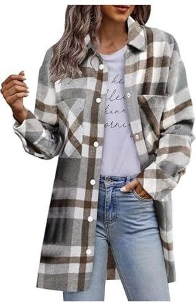 Generic 2026 Vestes pour femmes &agrave; col de chemise &agrave; carreaux surdimensionn&eacute; Trench Coat &agrave; manches longues Veste &agrave; &eacute;paules tombantes, gris, XXL