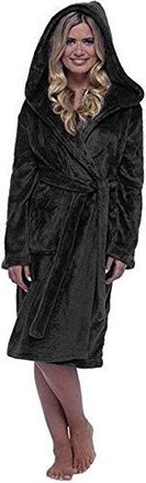 Onsoyours Peignoir Femme Super Doux Dressing Gown Mesdames Robe Super Douce avec Fourrure Peignoir Robe De Chambre en Polaire Femme Peignoir pour Les A Noir XS