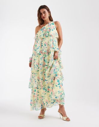 Vero Moda Felicia - Robe longue et asym&eacute;trique &agrave; volants &eacute;tag&eacute;s et imprim&eacute; fleuri - Jaune