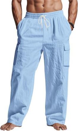 Generic Pantalon de sport en lin pour homme - Pantalon de jogging avec poches multiples - Pantalon en lin avec taille &eacute;lastique - Pantalon de surv&ecirc;tement - Pa